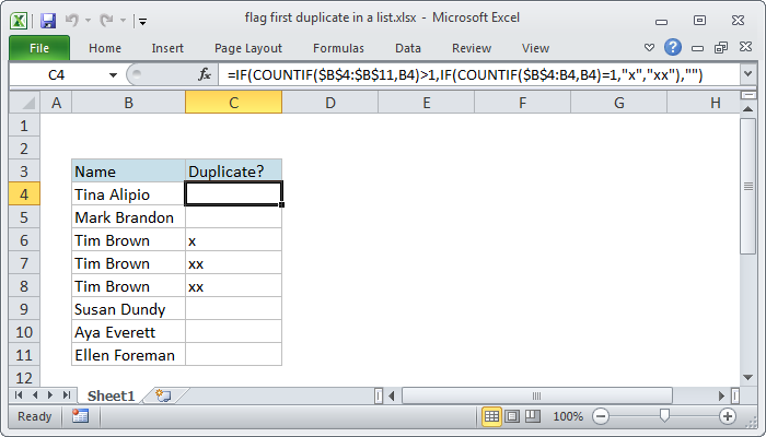 Excel Formula Flag First Duplicate In A List Exceljet